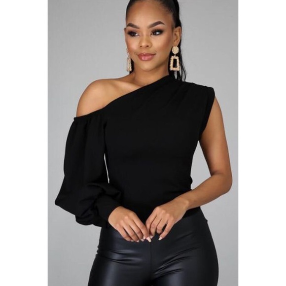 Tops | Last One Black Puff Sleeve One Shoulder Top | Poshmark